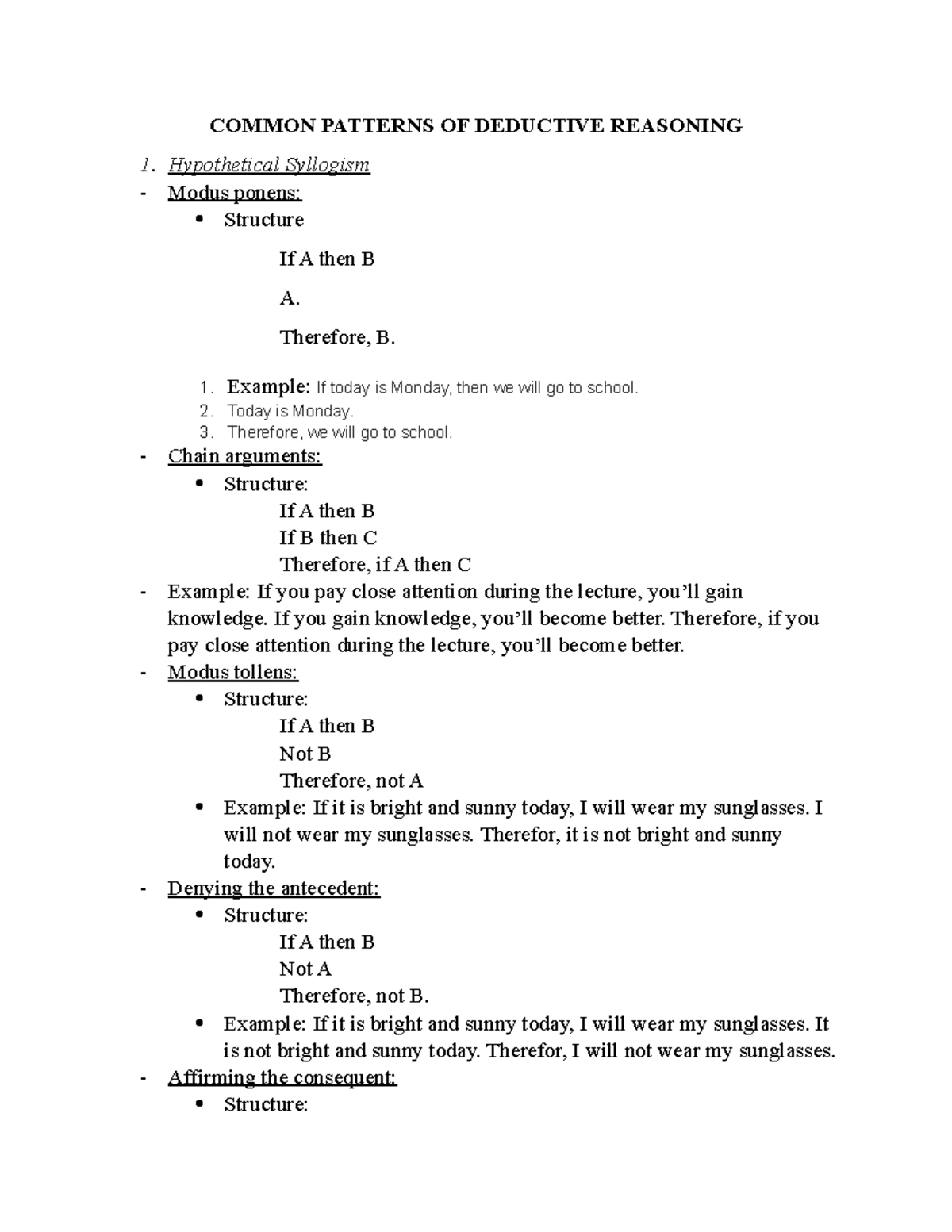 Common Patterns OF Deductive Reasoning - COMMON PATTERNS OF DEDUCTIVE REASONING 1 Syllogism ...