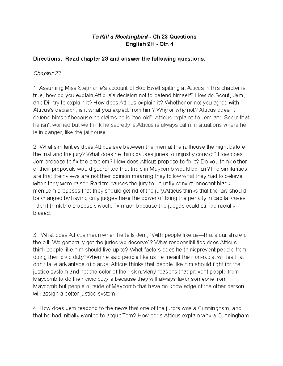 To Kill a Mockingbird Ch 23 Questions English 9H Qtr. 4 - Studocu