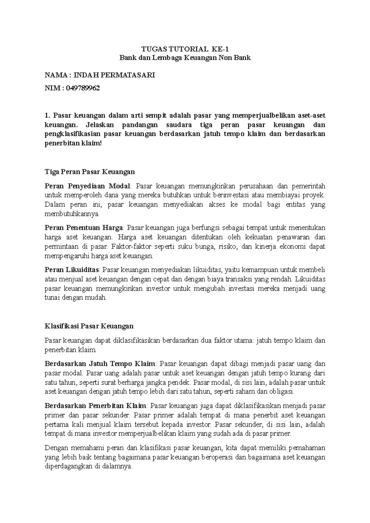 Tugas 1 EKSI4205 - TUGAS TUTORIAL KE- 1 Bank dan Lembaga Keuangan Non Bank NAMA : INDAH ...