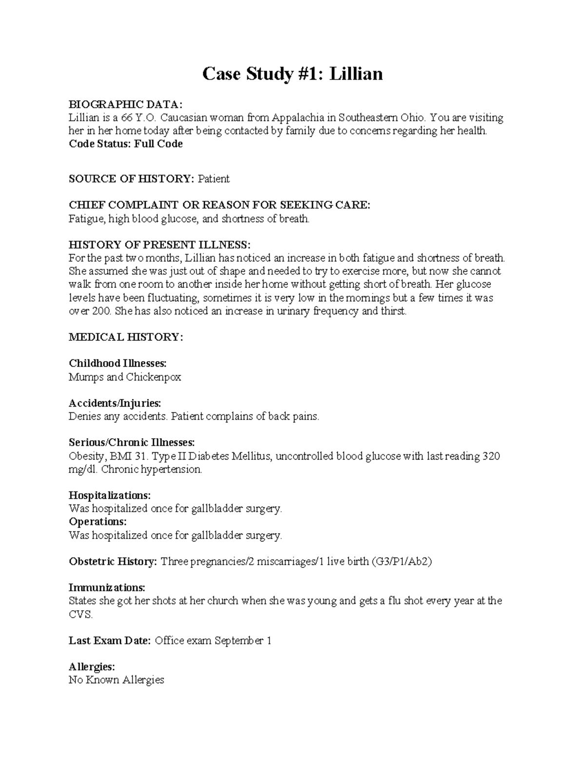 2111 Case Study 1- Lillian - Case Study #1: Lillian BIOGRAPHIC DATA: Lillian is a 66 Y ...