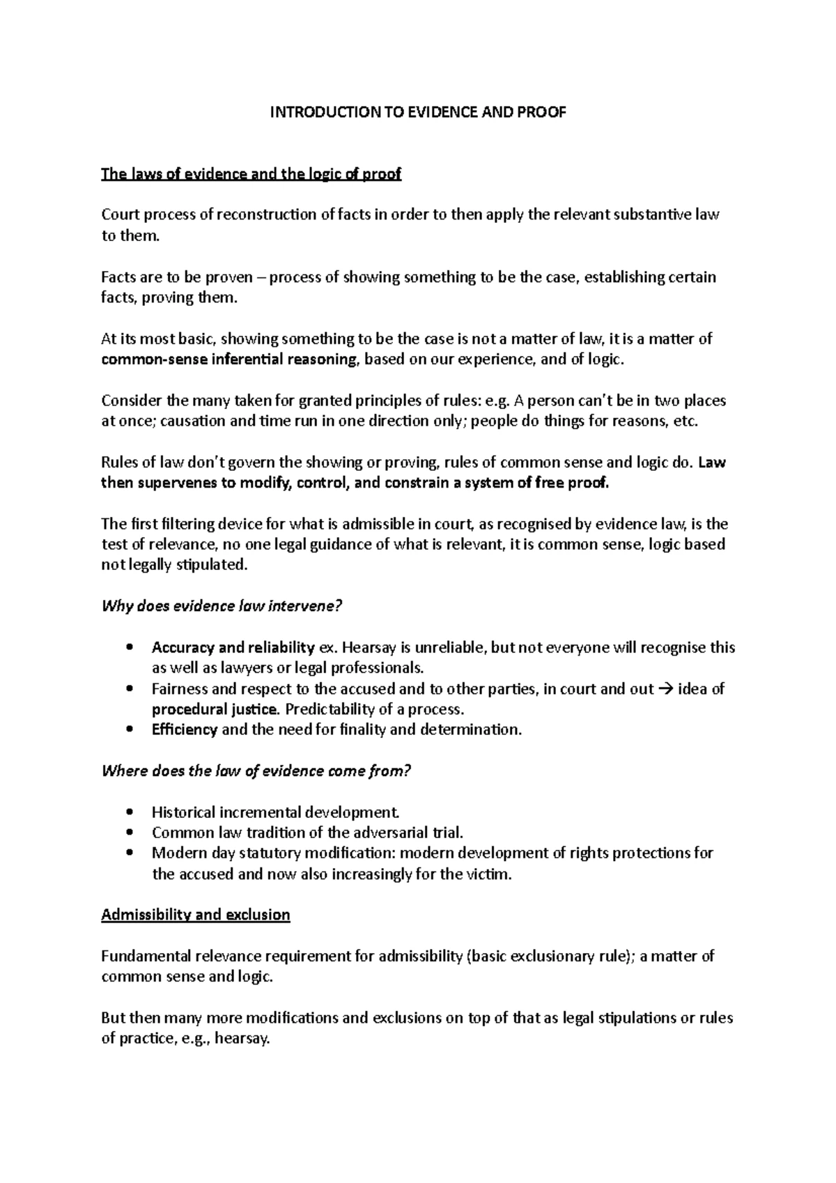 Evidence Law L1 - Lecture notes 1-8 - Evidence Law 15 th September ...