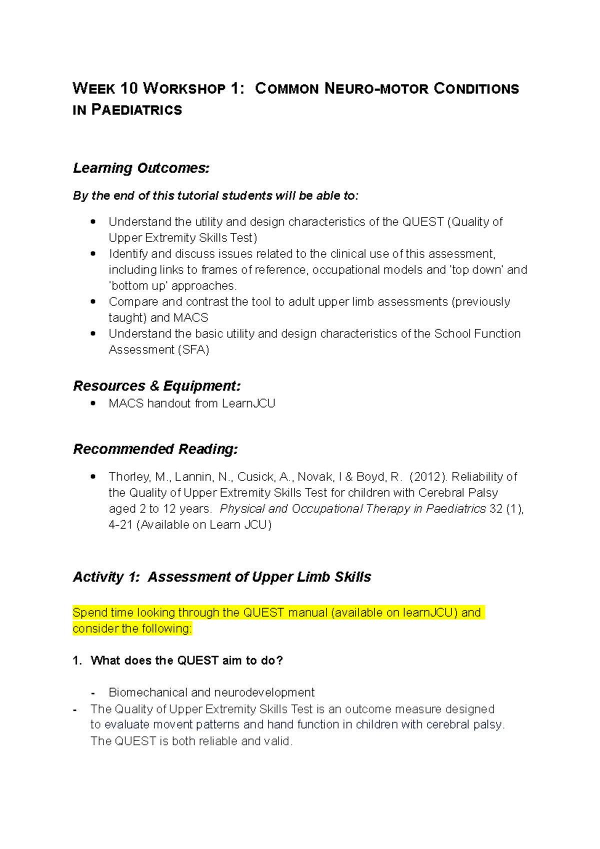 2023 Common Neuro-motor conditions in Paediatrics Student Worksheet ...