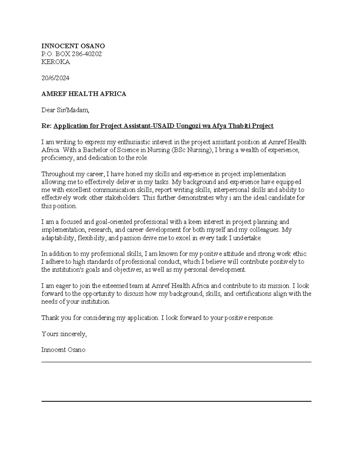 Application Letter FOR KMTC PART TIME Lecturer - INNOCENT OSANO P. BOX ...