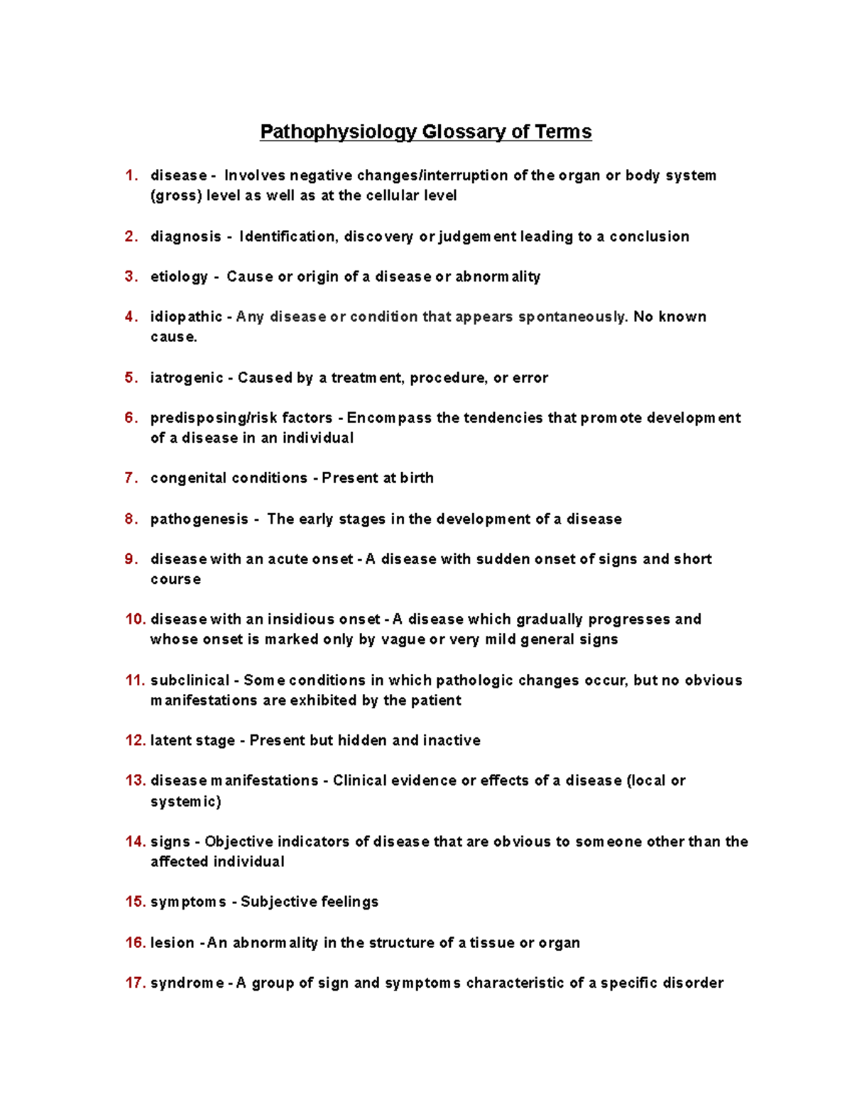 Pathophysiology Glossaryof Terms - Pathophysiology Glossary of Terms ...