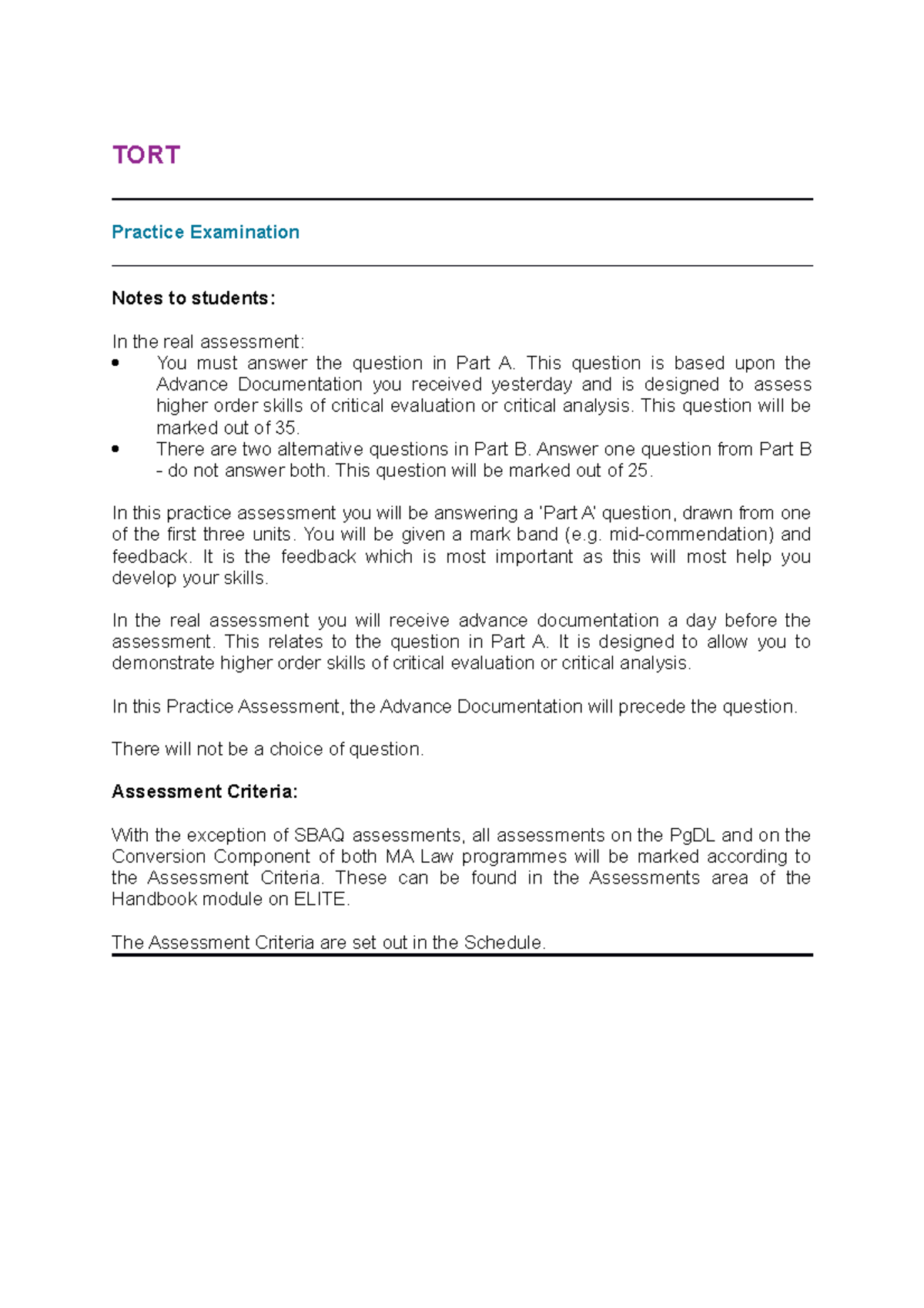 TORT 6 - open book - TORT Practice Examination Notes to students: In ...