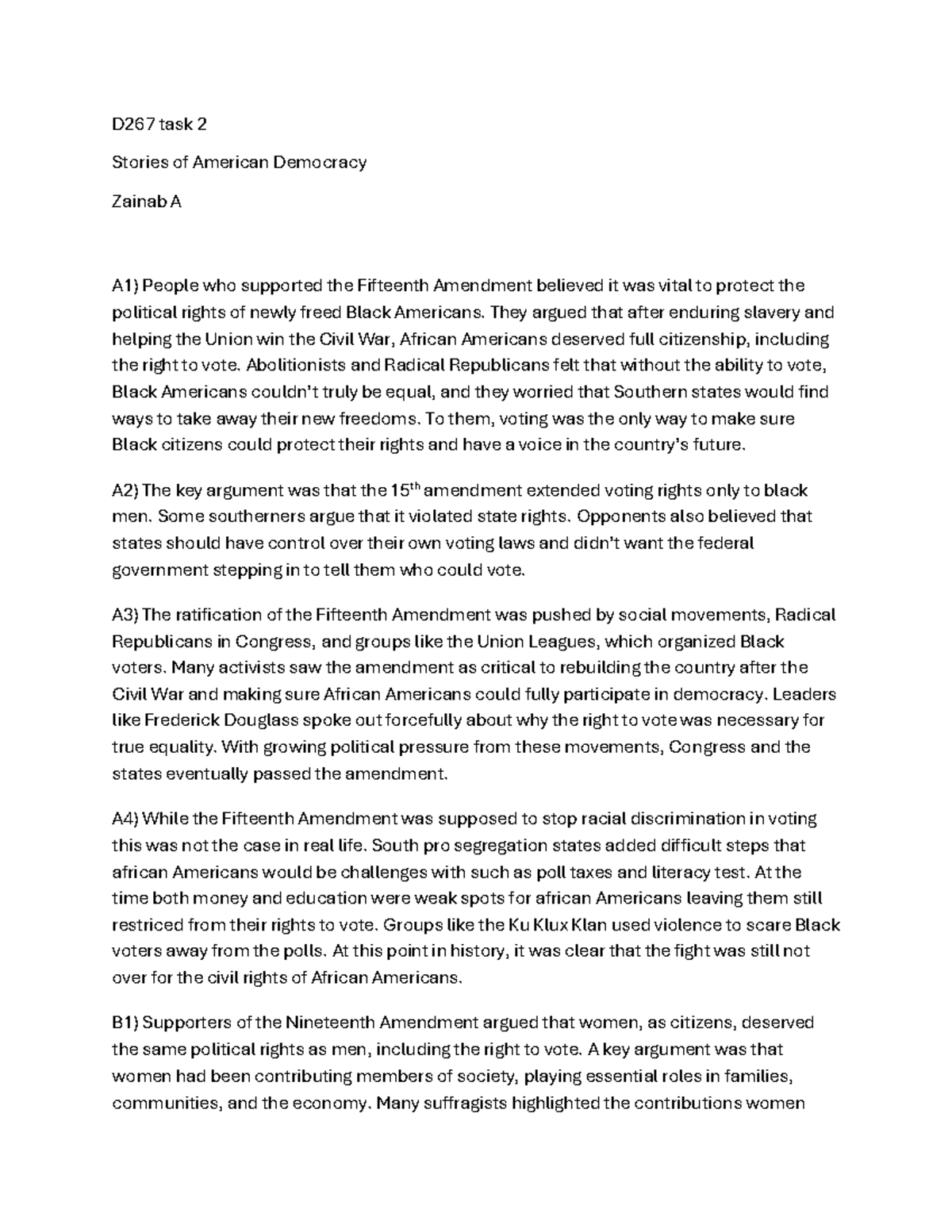 Us history Task2 - essay - D267 task 2 Stories of American Democracy ...