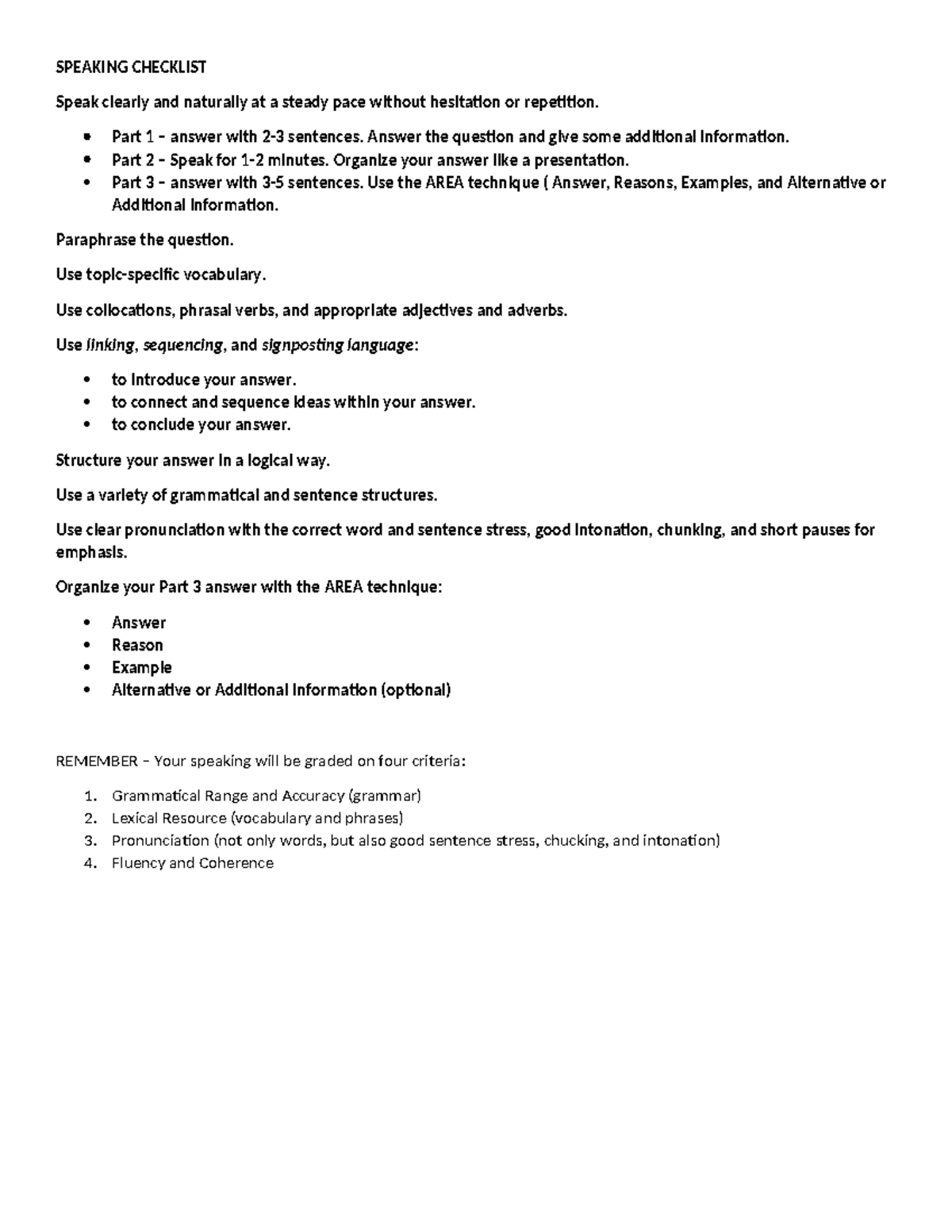 Hcmiu Writing and Speaking Student Tips - SPEAKING CHECKLIST Speak ...