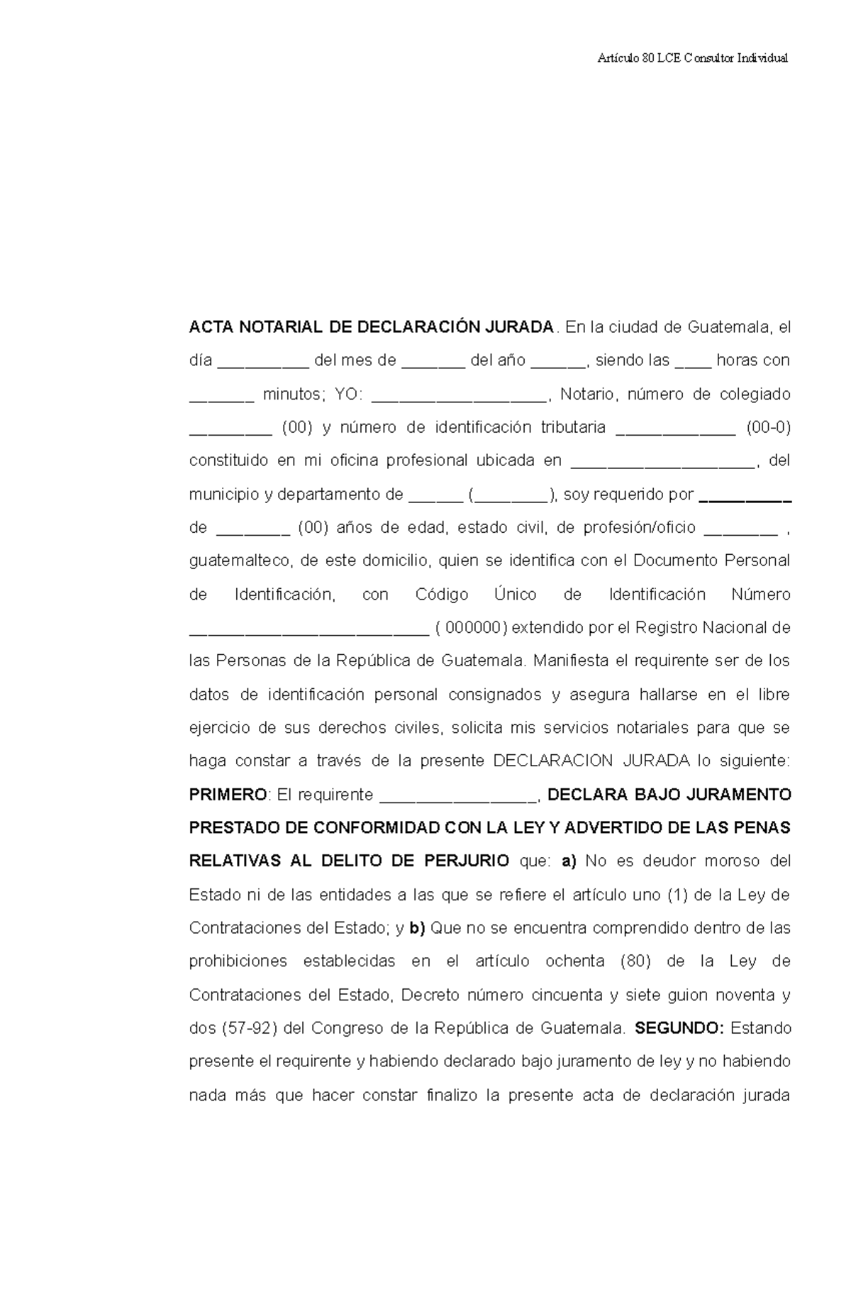 acta de declaración jurada comerciante individual sin patente para RGAE ...