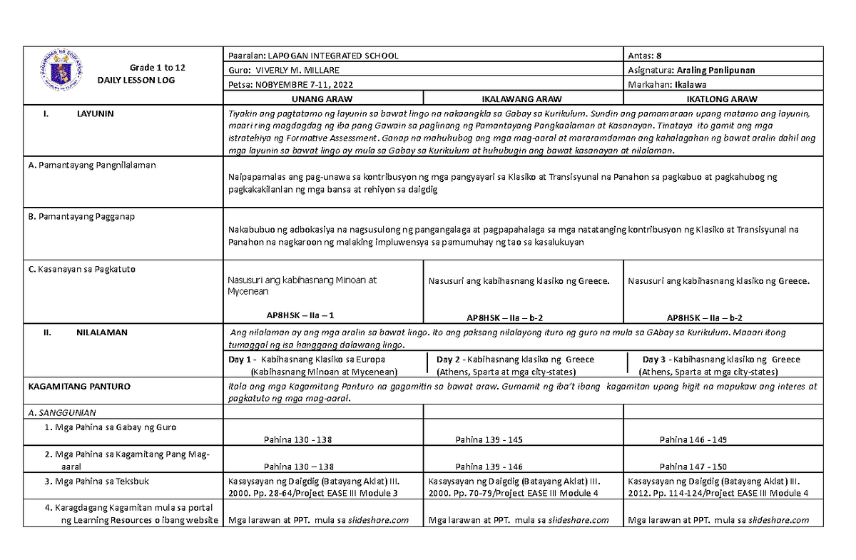 Final AP8 2nd LC 1-2 - Grade 1 to 12 DAILY LESSON LOG Paaralan: LAPOGAN ...