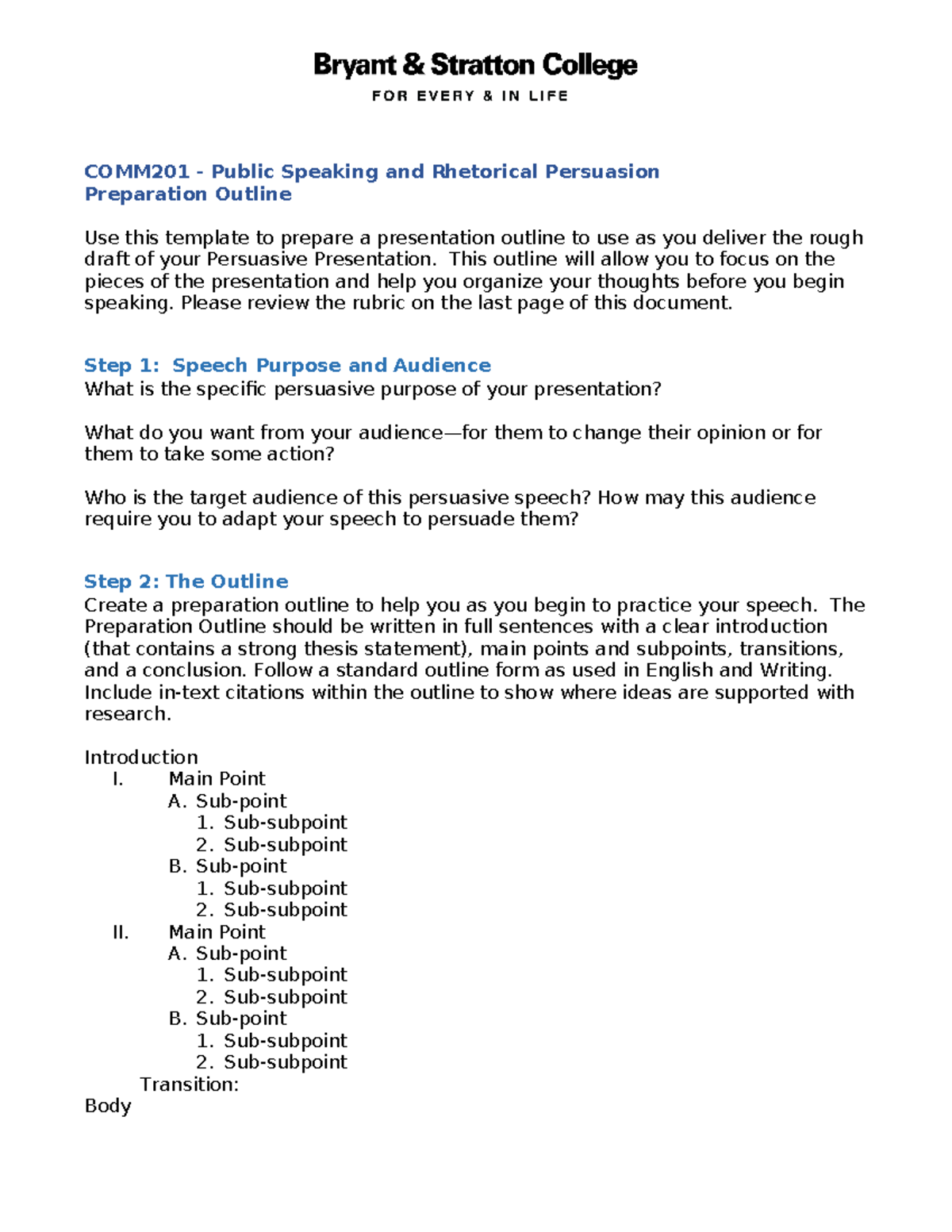 COMM201 - Preparation Outline - COMM201 - Public Speaking and ...