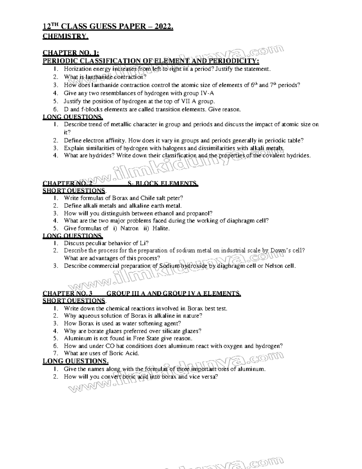 12TH Class Chemistry Guess Paper - 12 TH CLASS GUESS PAPER – 2022 ...