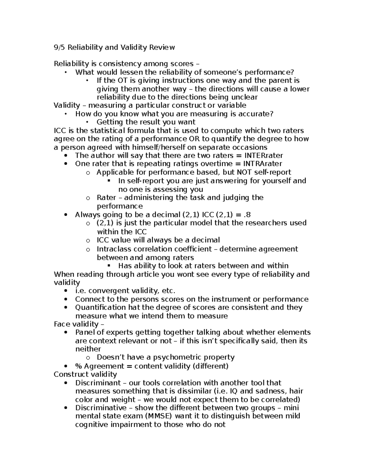 Reliability and Valdity Review - 9/5 Reliability and Validity Review ...