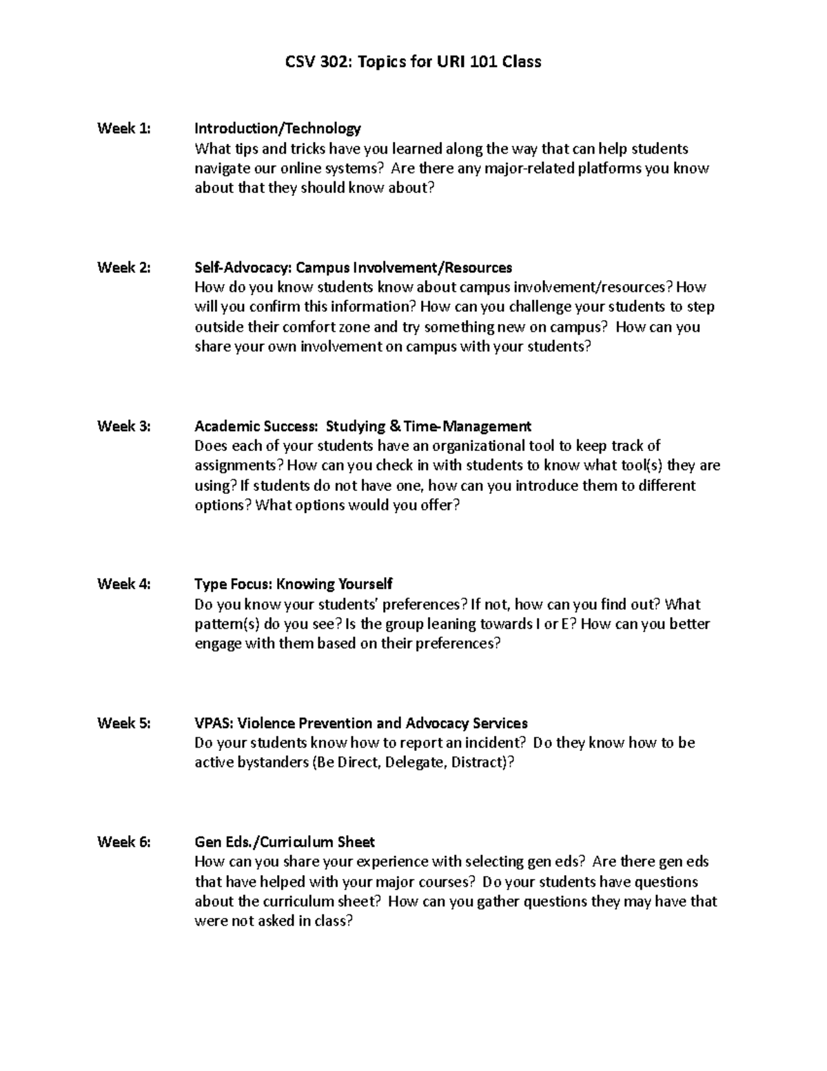 CSV302 Weekly Class Topics - CSV 302: Topics for URI 101 Class Week 1 ...