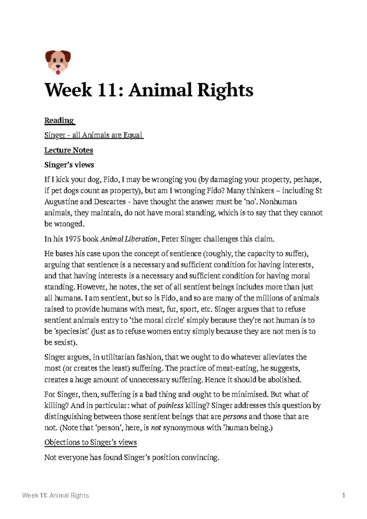 Animal Rights Lecture Notes - Week 11 Animal Rights 1 🐶 Week 11: Animal ...