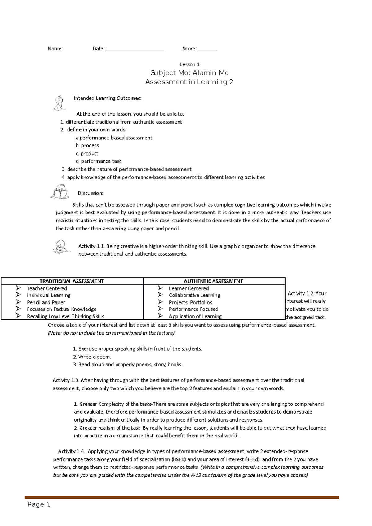 Act - Name: Date:_____________________ Score:_______ Lesson 1 Subject ...