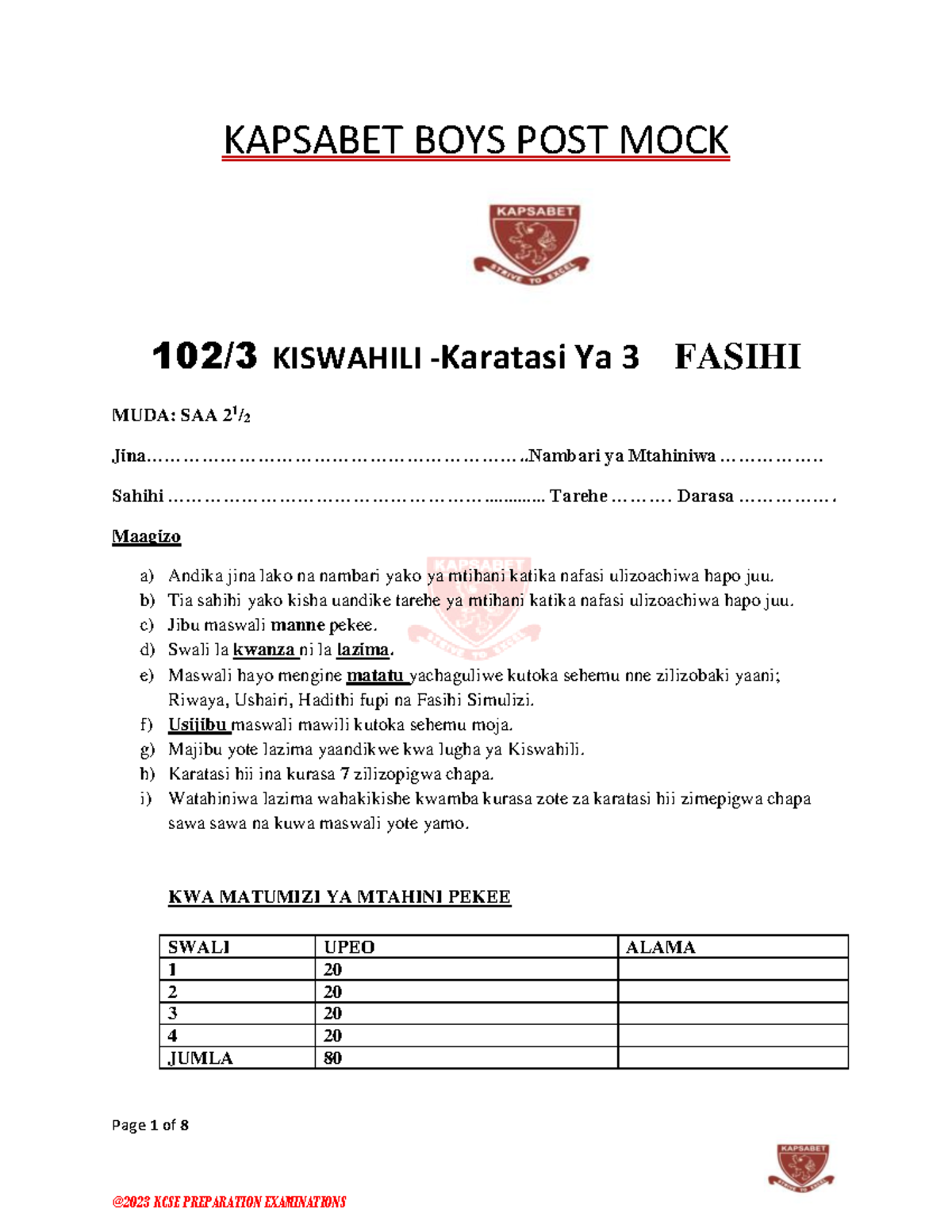 102-3 QNS - ESSENTIALS - Page 1 of 8 KAPSABET BOYS POST MOCK 102/3 KISWAHILI - Karatasi Ya 3 ...