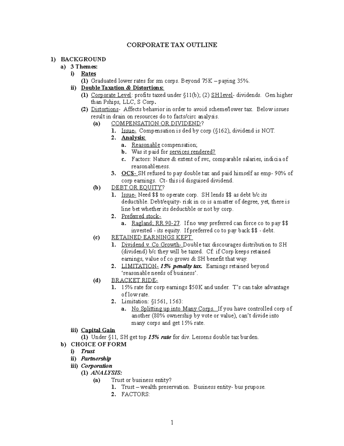 Corp tax outline - corporate tax - CORPORATE TAX OUTLINE 1) BACKGROUND ...