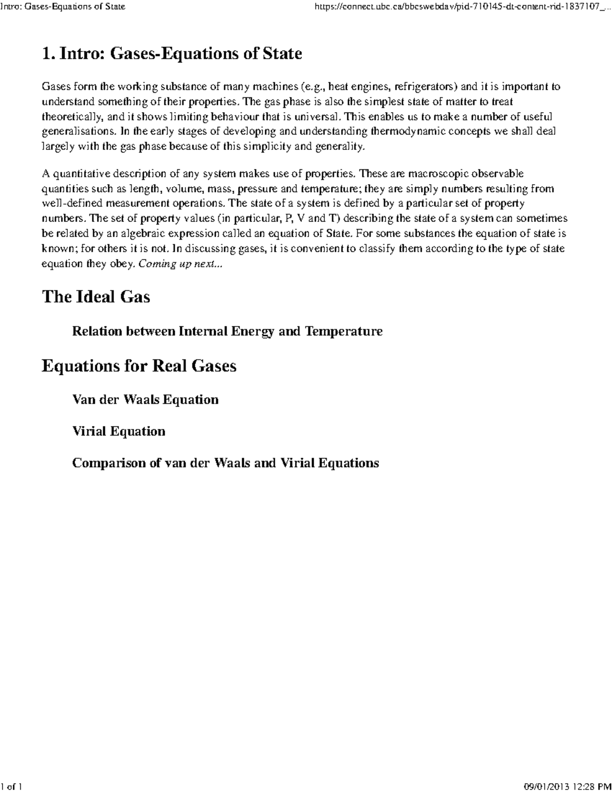 Chem205 web text - 1. Intro: Gases-Equations of State Gases form the ...
