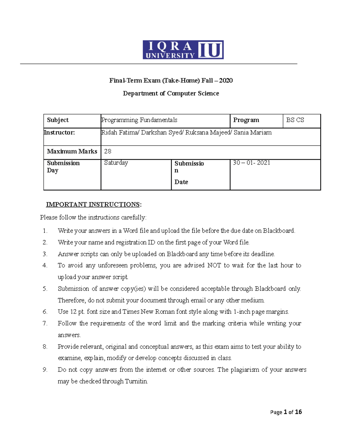 PF Theory Complete Paper Fall 2020 - Final-Term Exam (Take-Home) Fall ...