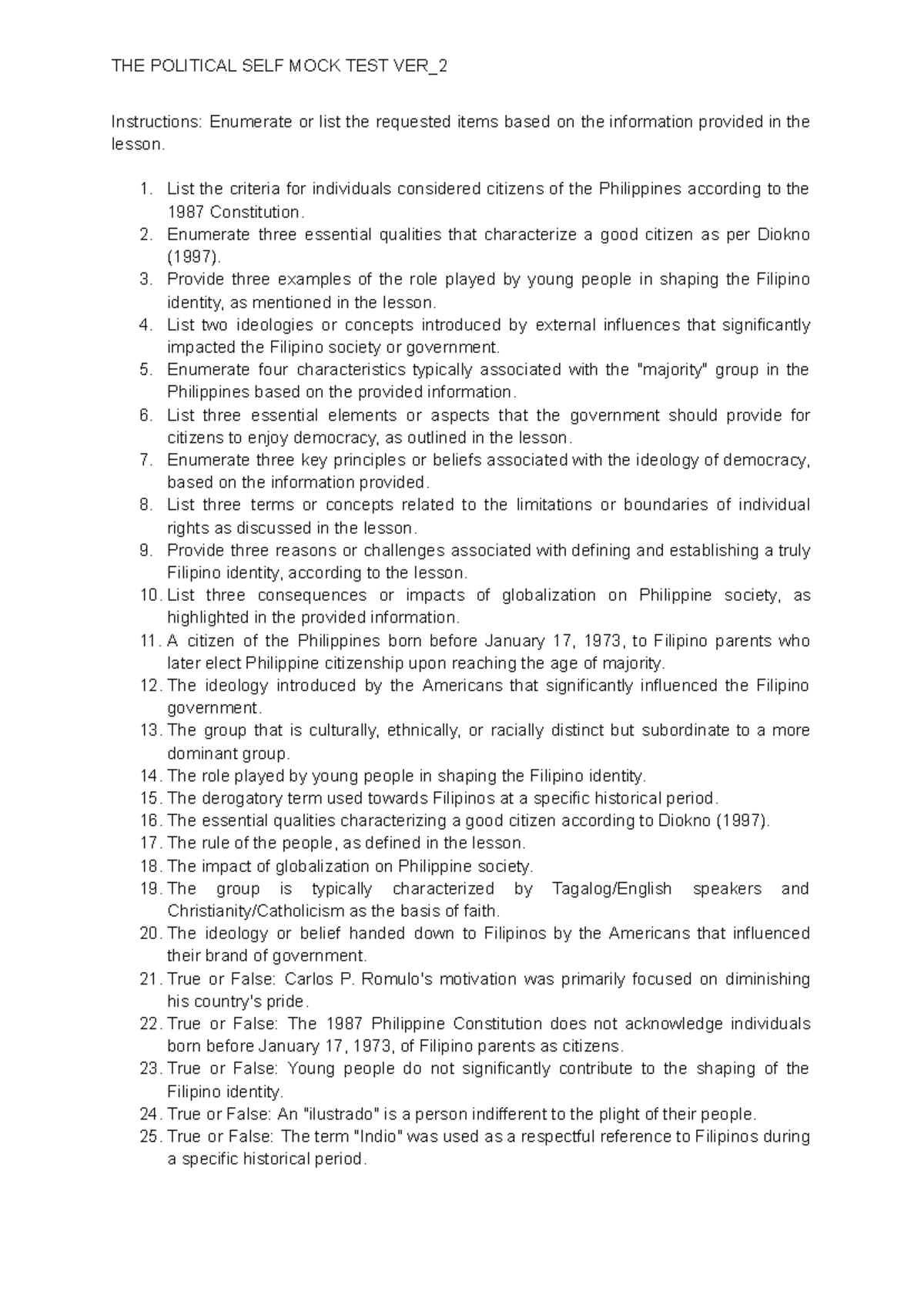 THE Political SELF MOCK TEST VER 2 - THE POLITICAL SELF MOCK TEST VER ...