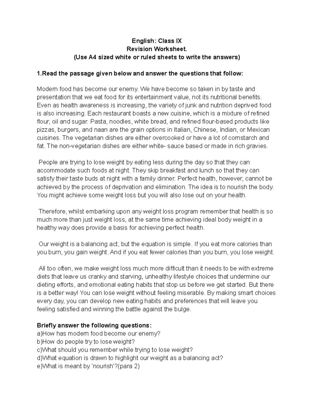 Class IX English Worksheet - English: Class IX Revision Worksheet. (Use ...