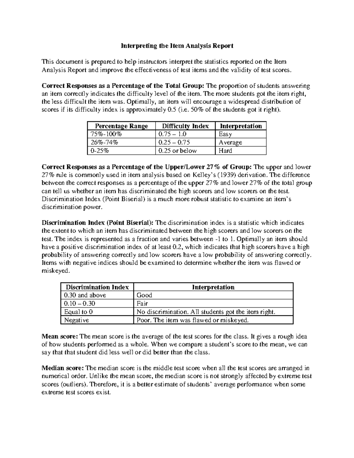 Interpreting The Item Analysis Report Correct Responses As A