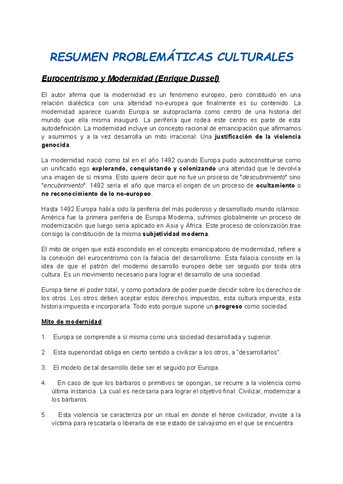 Resumen pcdc - RESUMEN PROBLEMÁTICAS CULTURALES Eurocentrismo y ...