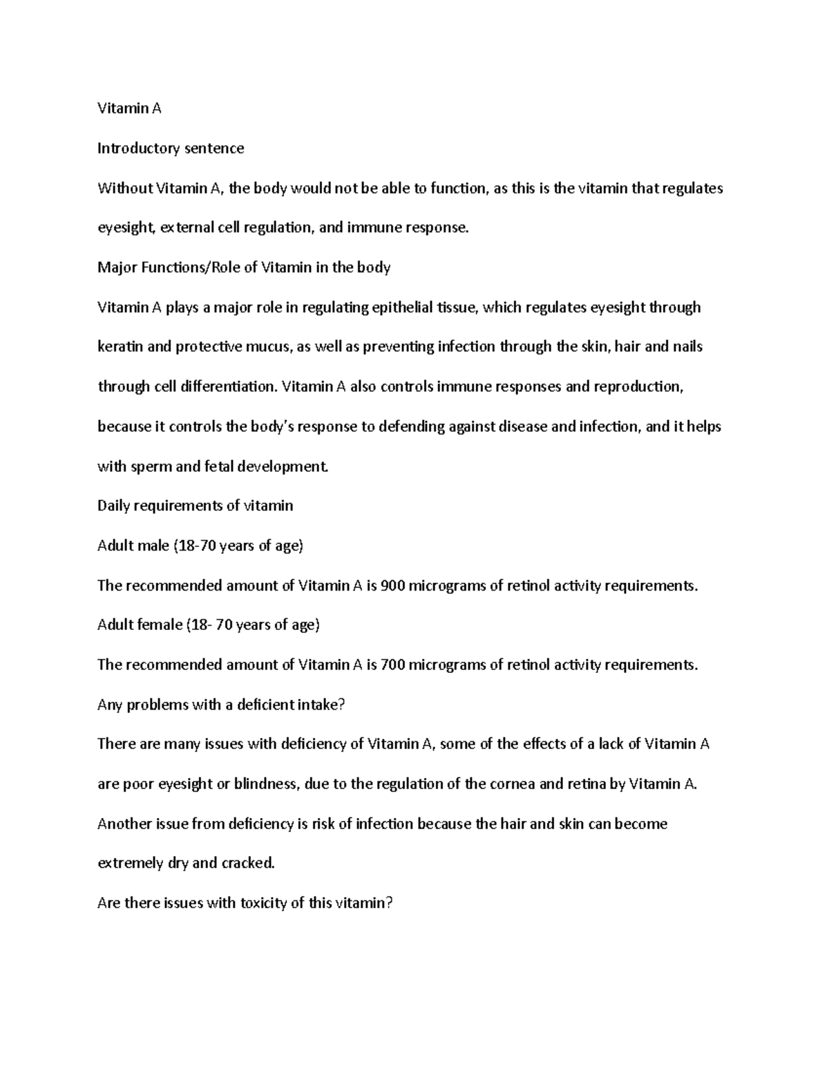 Vitamin A sec - Vitamin A Introductory sentence Without Vitamin A, the ...