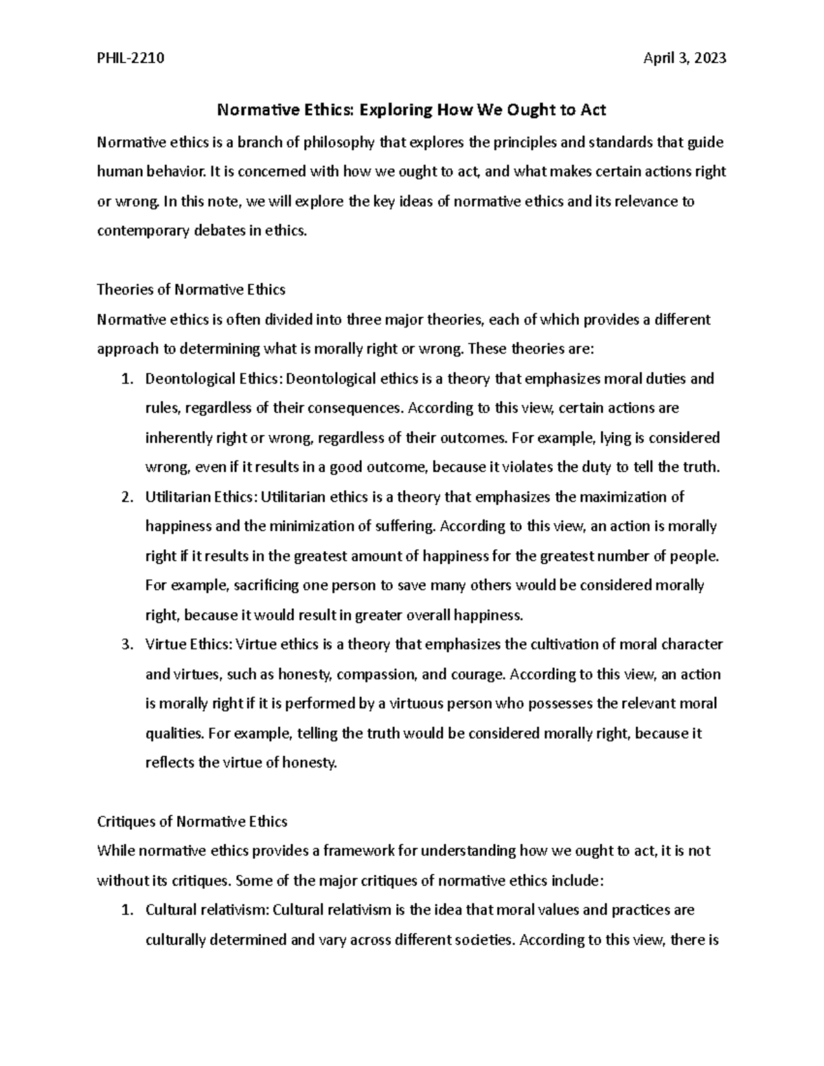 Normative ethics - PHIL-2210 April 3, 2023 Normative Ethics: Exploring ...