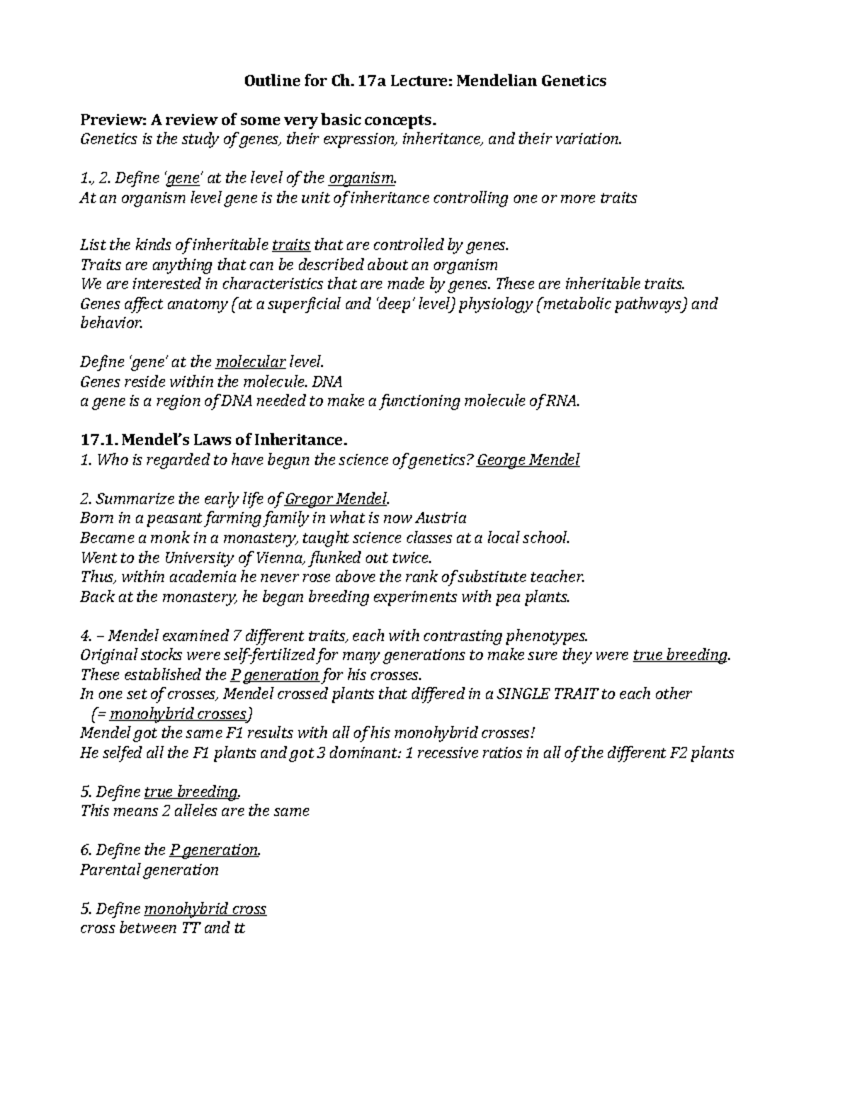15 Outline for Mendelian Genetics - Outline for Ch. 17a Lecture ...
