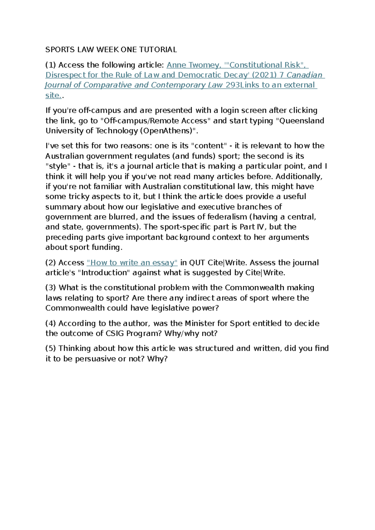 Sports LAW WEEK ONE Tutorial - SPORTS LAW WEEK ONE TUTORIAL (1) Access ...
