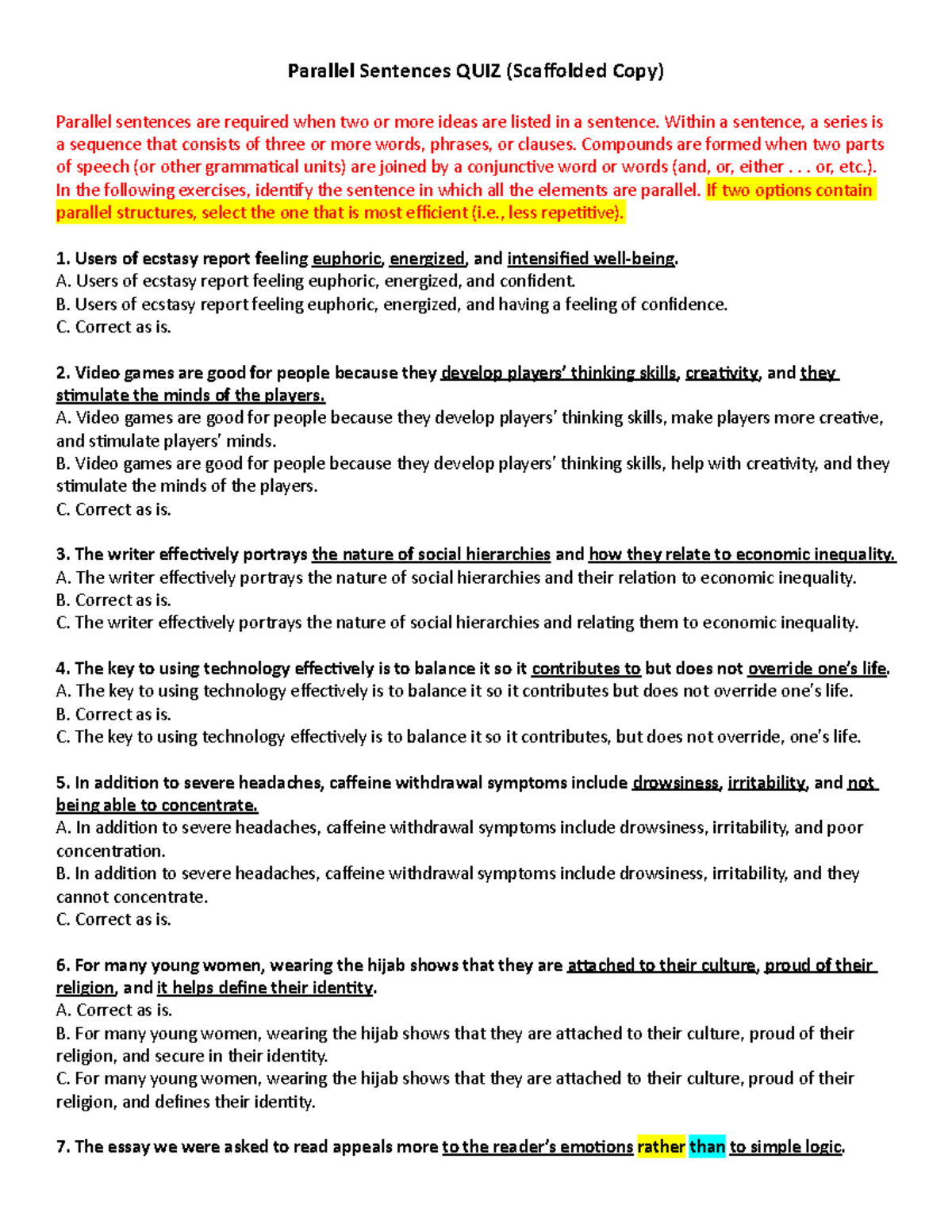 Parallel Sentences Quiz-Scaffolded Copy - Parallel Sentences QUIZ ...
