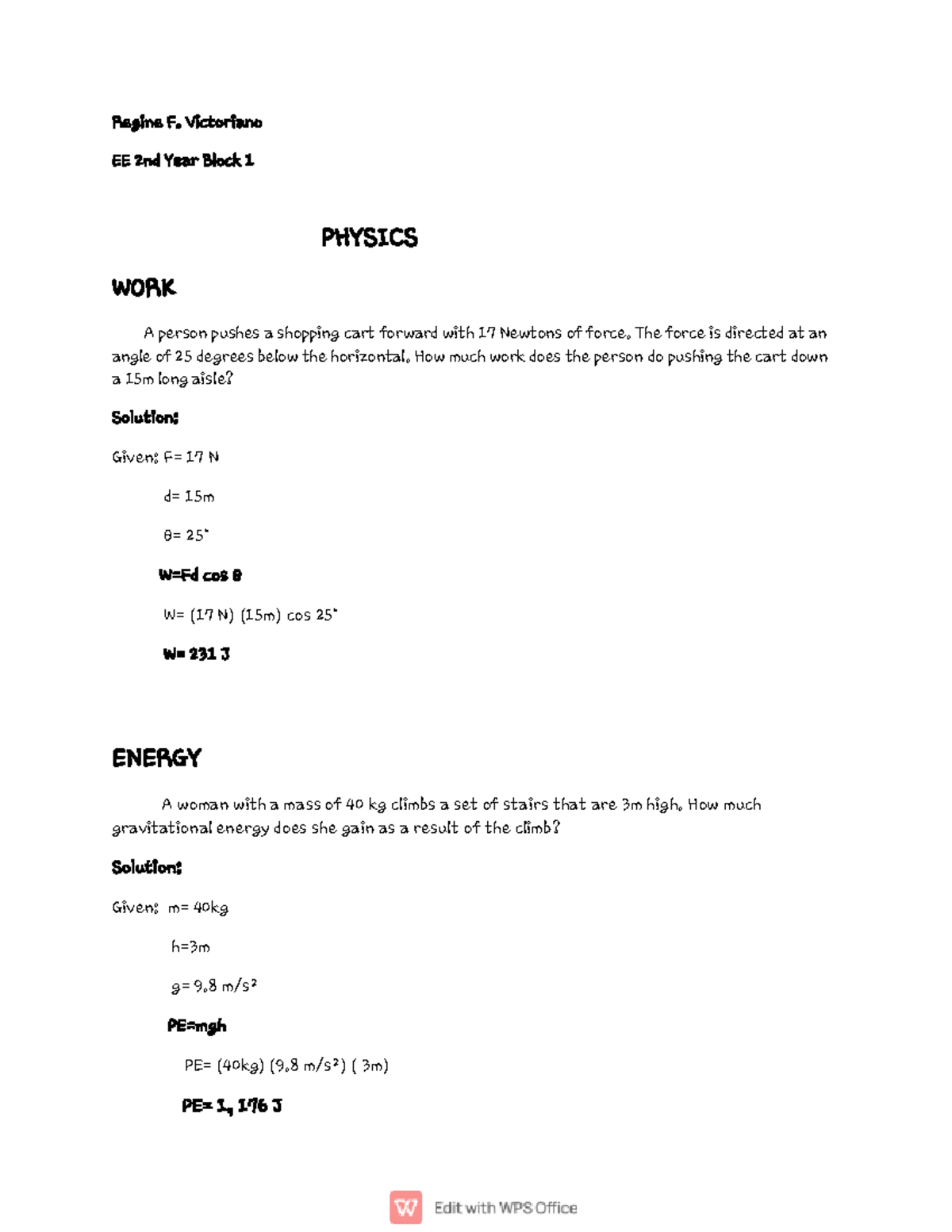 physics sample problems - Regine F. Victoriano EE 2nd Year Block 1 ...