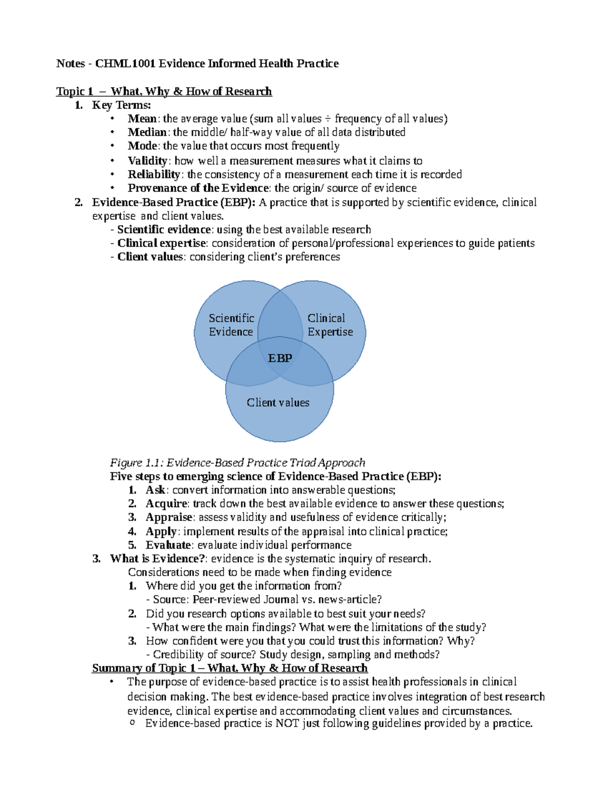 Cmhl10001 some note - Lecture notes 1- 3 - Notes - CHML1001 Evidence ...