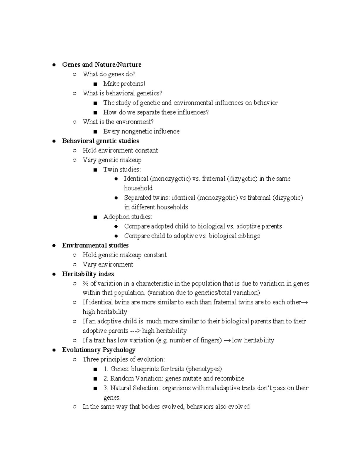 PSY EXAM 2 Review - Lecture notes 7-12 - Genes and Nature/Nurture What ...