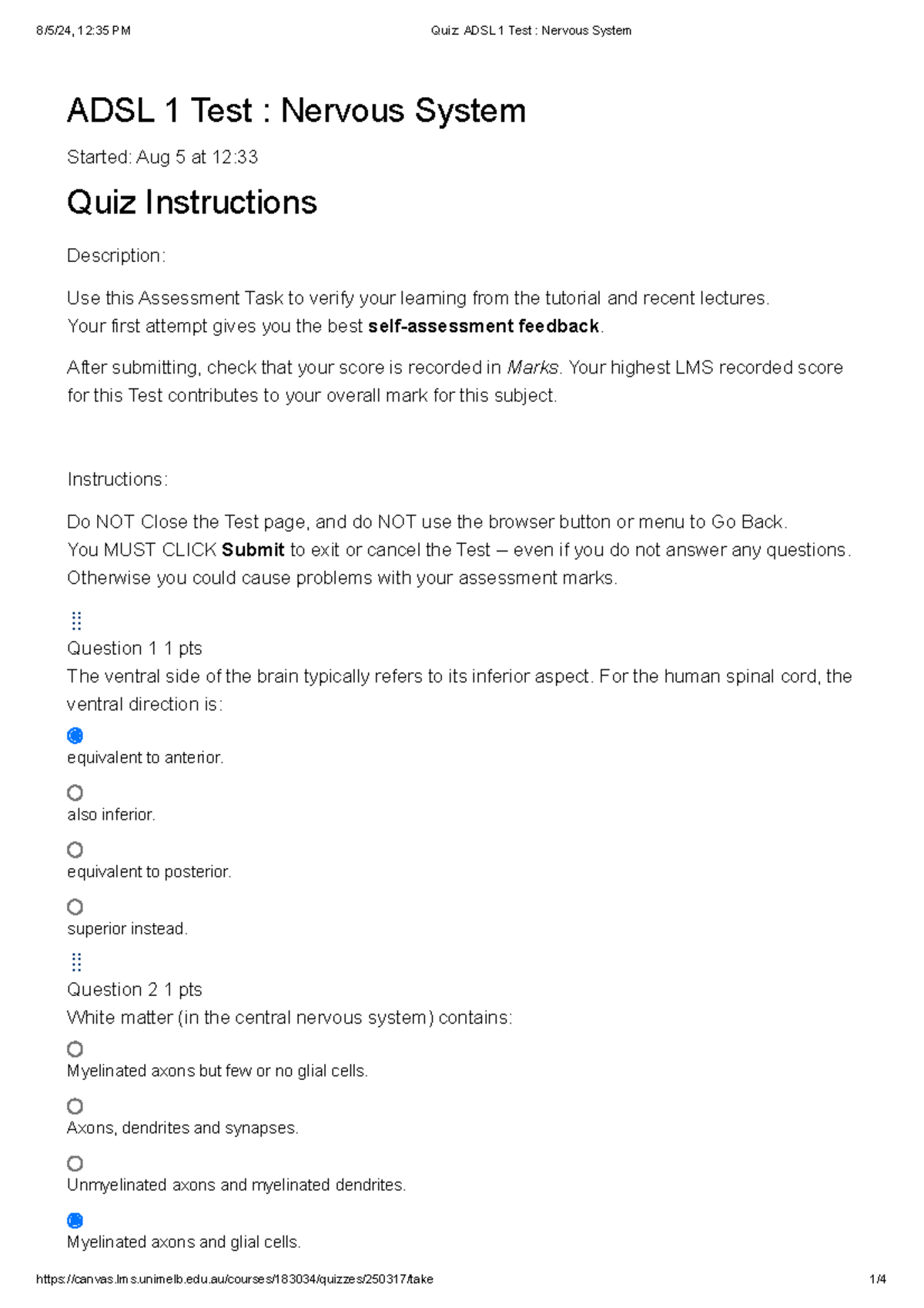 Quiz ADSL 1 Test Nervous System - ADSL 1 Test : Nervous System Started ...