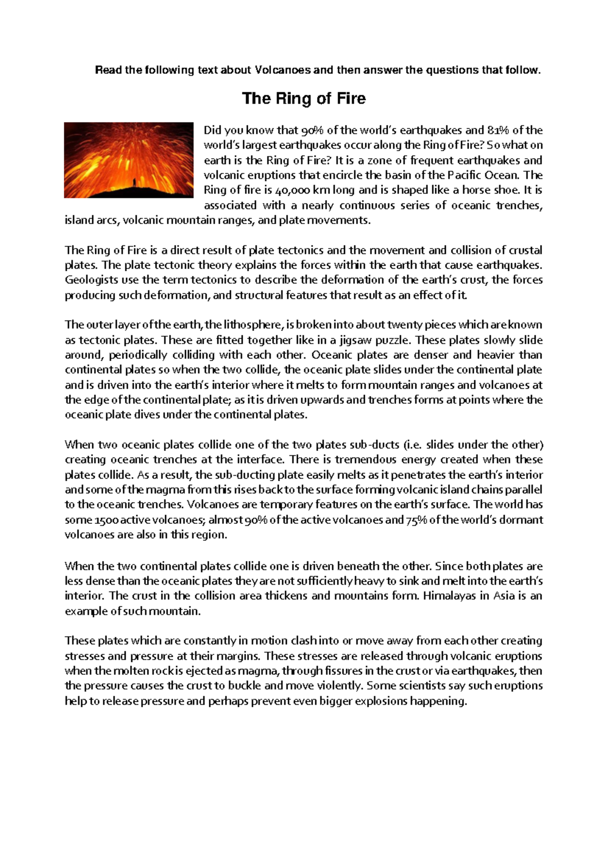 Exercise 2 The Ring of Fire - Read the following text about Volcanoes ...