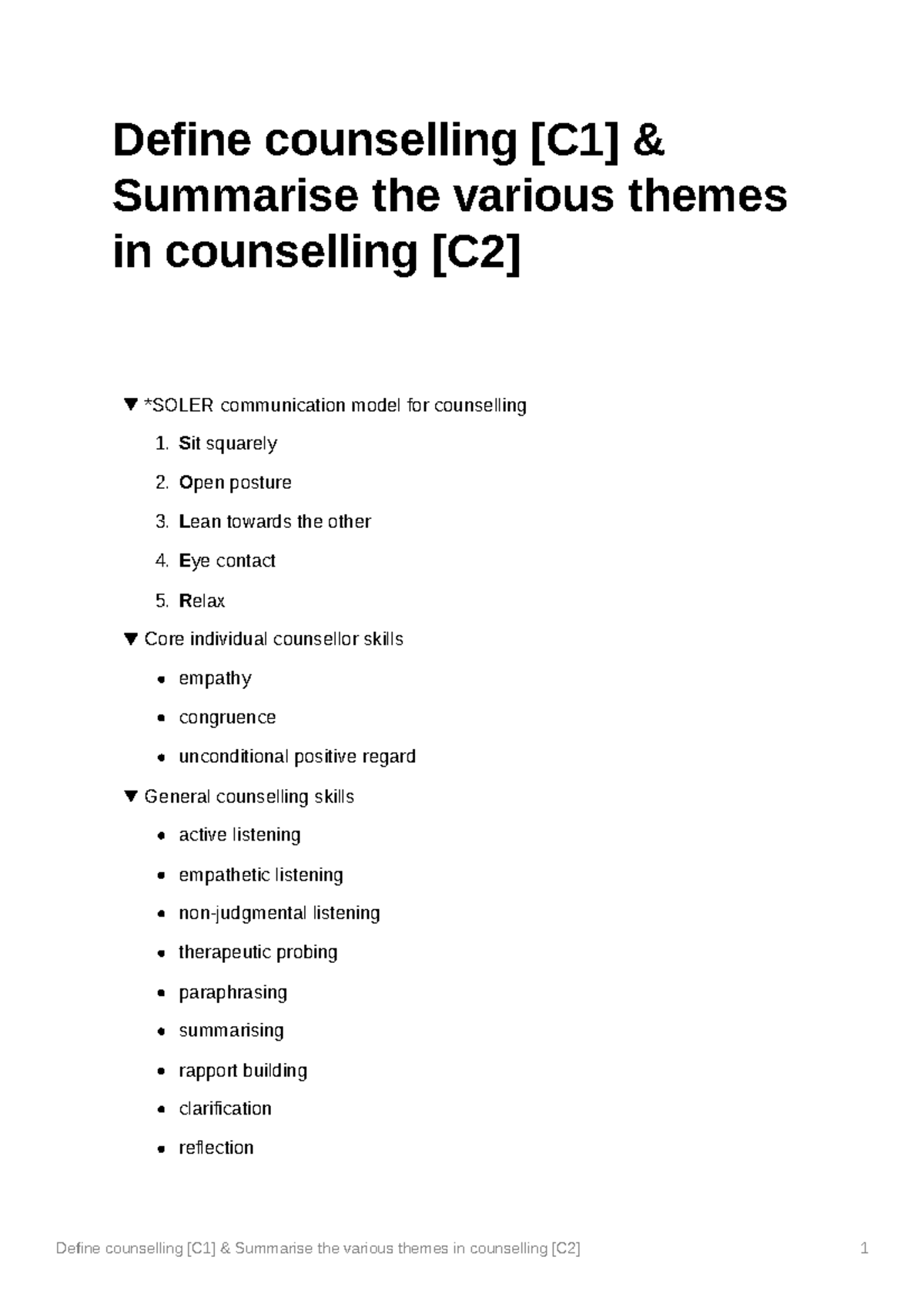 Define counselling C1 Summarise the various themes in counselling C2 ...