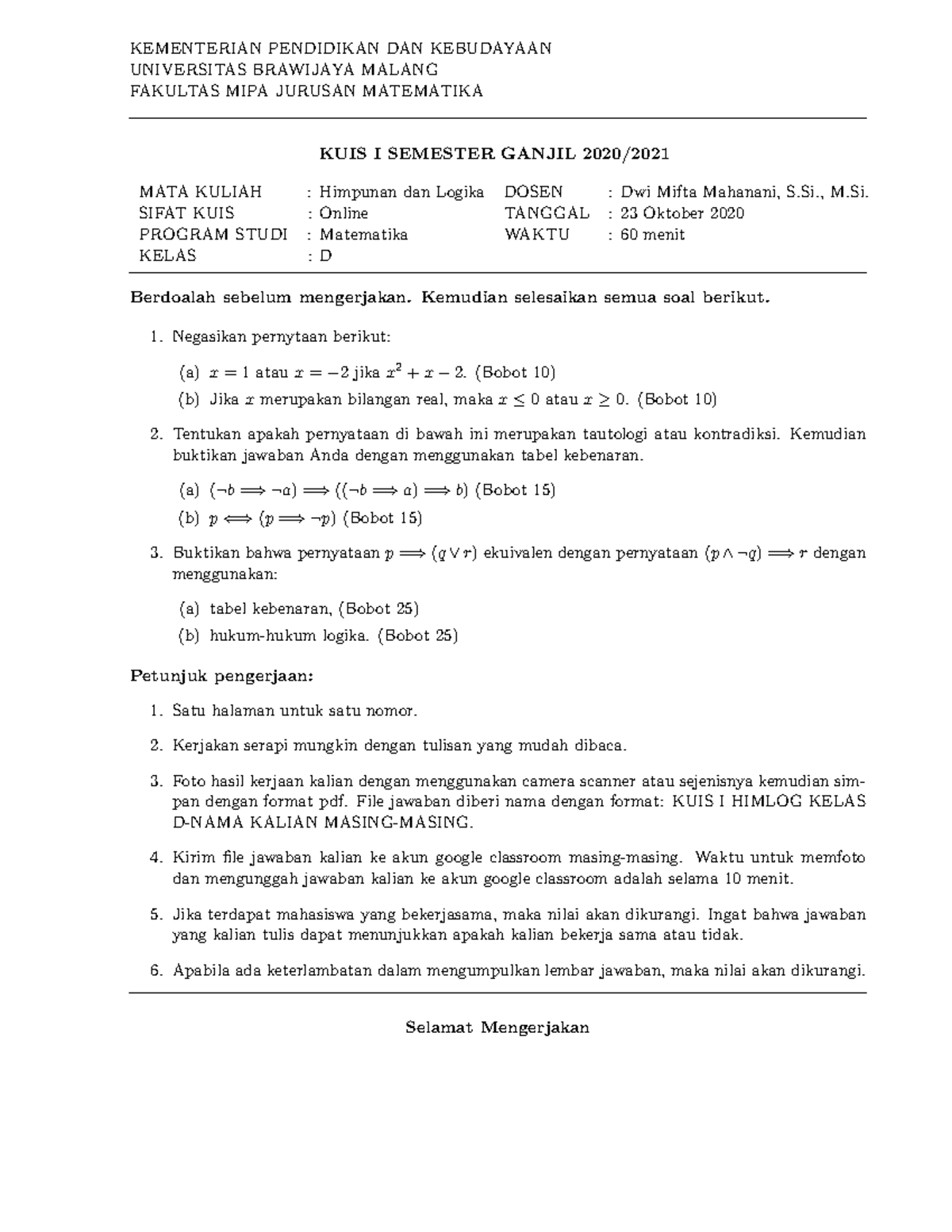 Kuis 1 Himpunan Logika 2020 - KEMENTERIAN PENDIDIKAN DAN KEBUDAYAAN ...