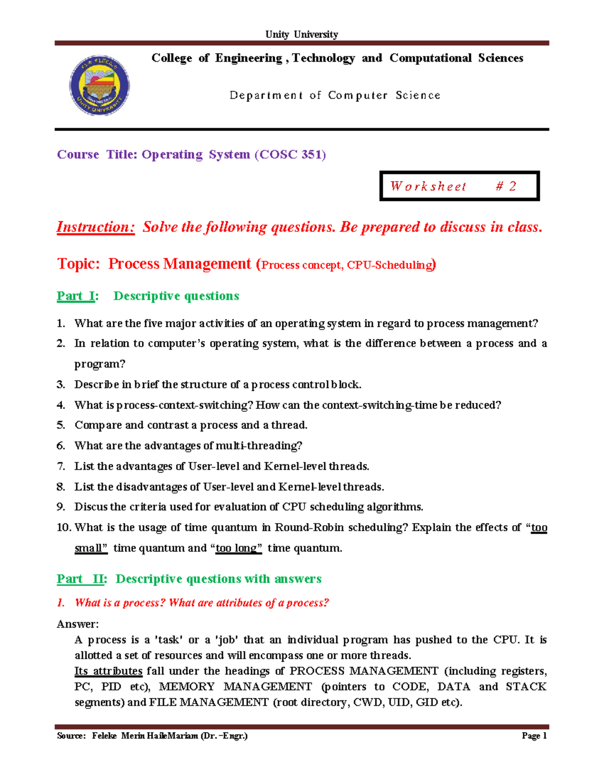 OS Worksheet 2 Process Mgmt - College of Engineering , Technology and ... OS Worksheet 2 Process Mgmt - College of Engineering , Technology and ...