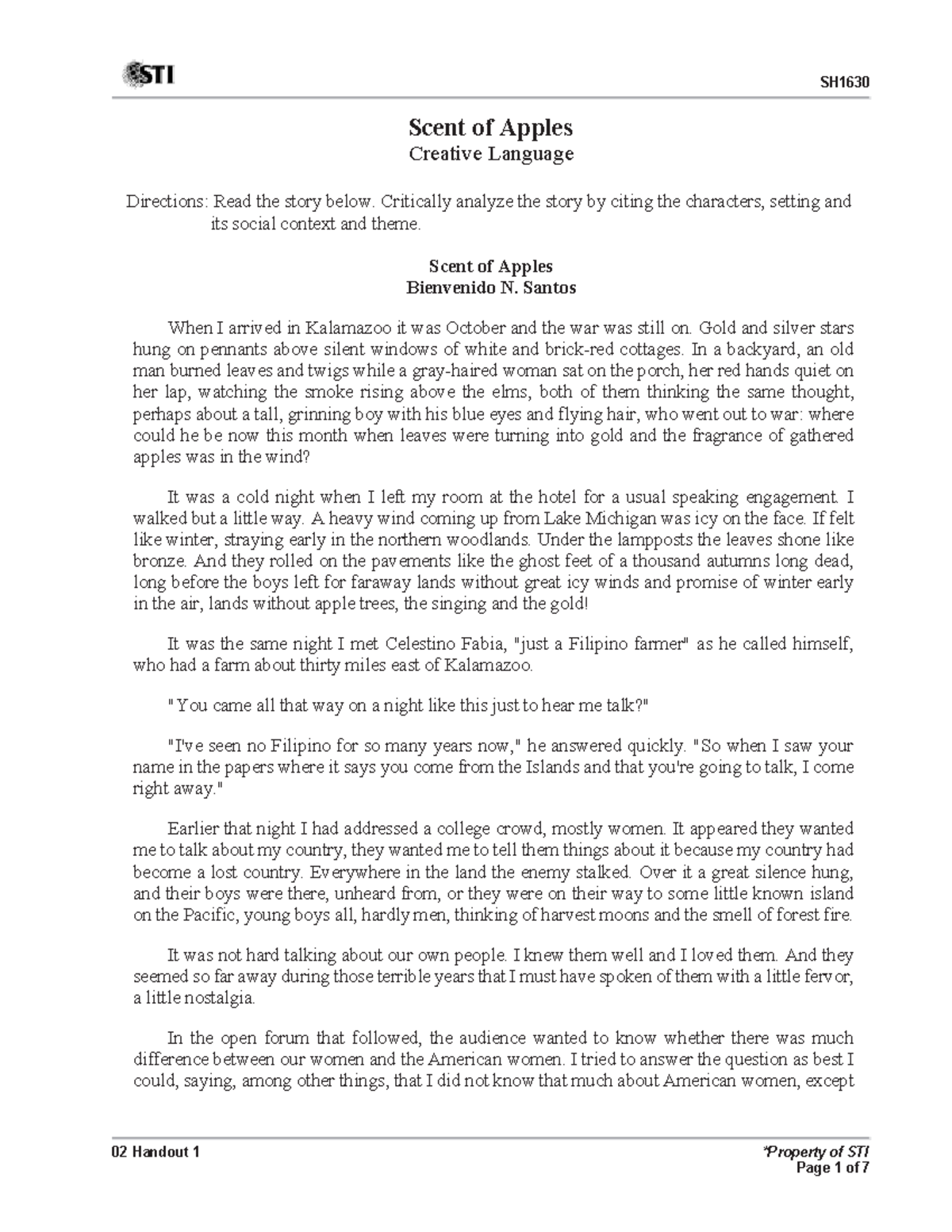 SH1630 - Creative Writing 02 Handout 1 - 02 Handout 1 *Property of STI ...