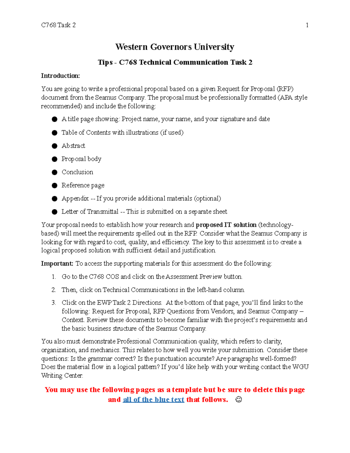 Task 2 Tips Document - Western Governors University Tips - C768 ...