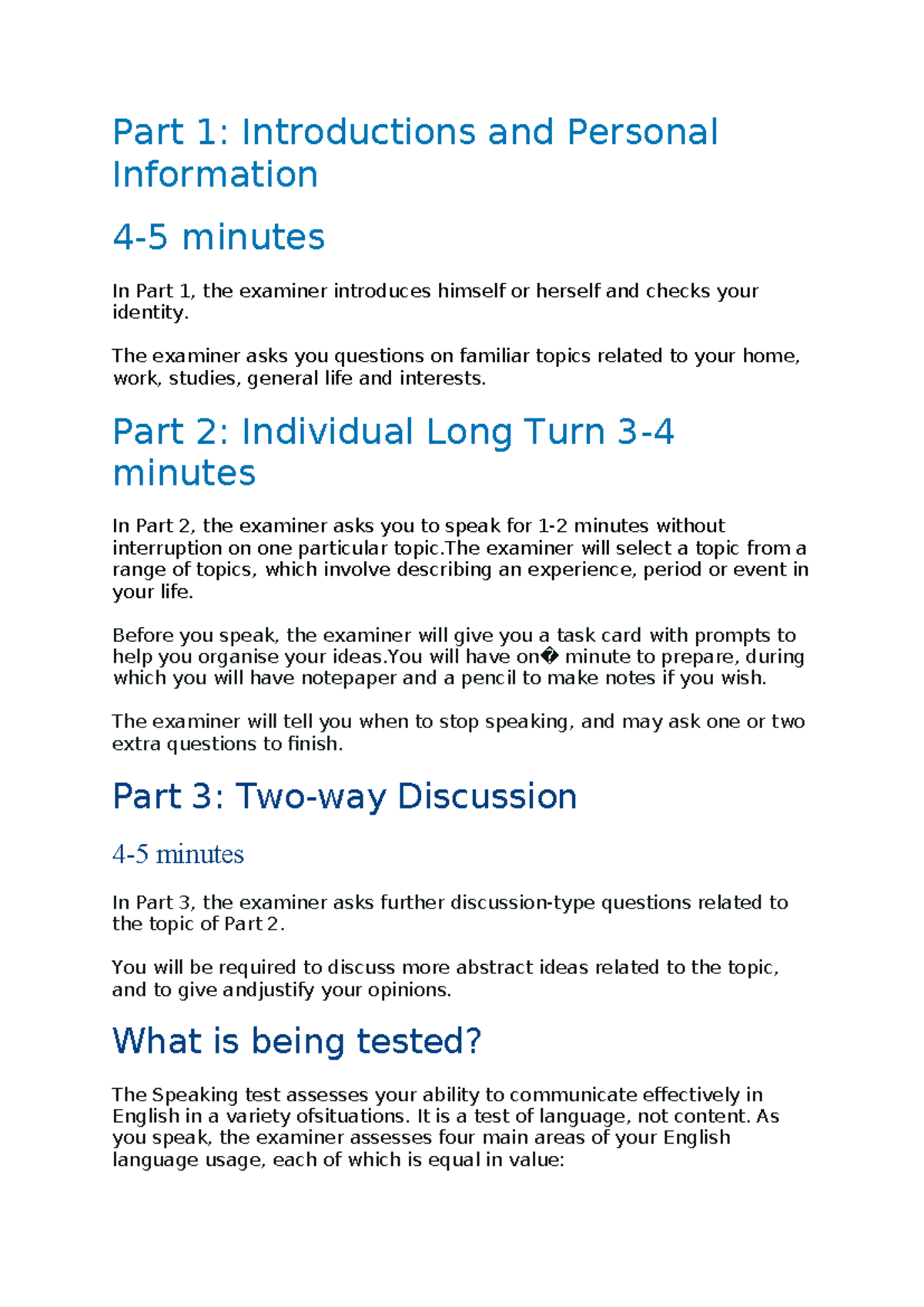 Speaking - Summary English IELTS - Part 1: Introductions and Personal ...