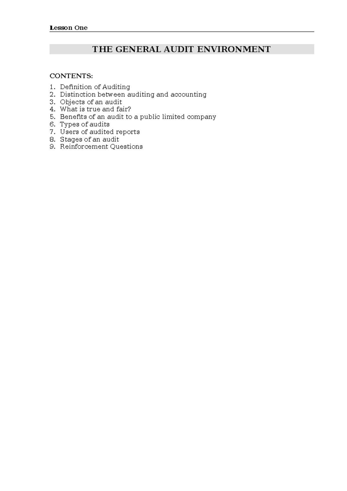Topic 1 Auditing Principles - Lesson One THE GENERAL AUDIT ENVIRONMENT ...