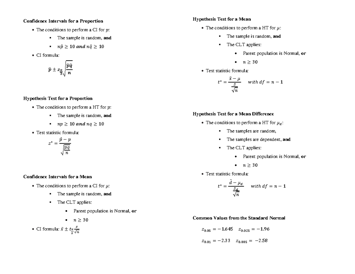 Exam2Formulas - Confidence Intervals for a Proportion - The conditions ...