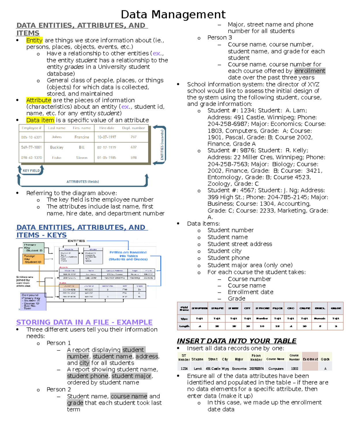 ACS 1803 - Lecture 2 - Data Management DATA ENTITIES, ATTRIBUTES, AND ...