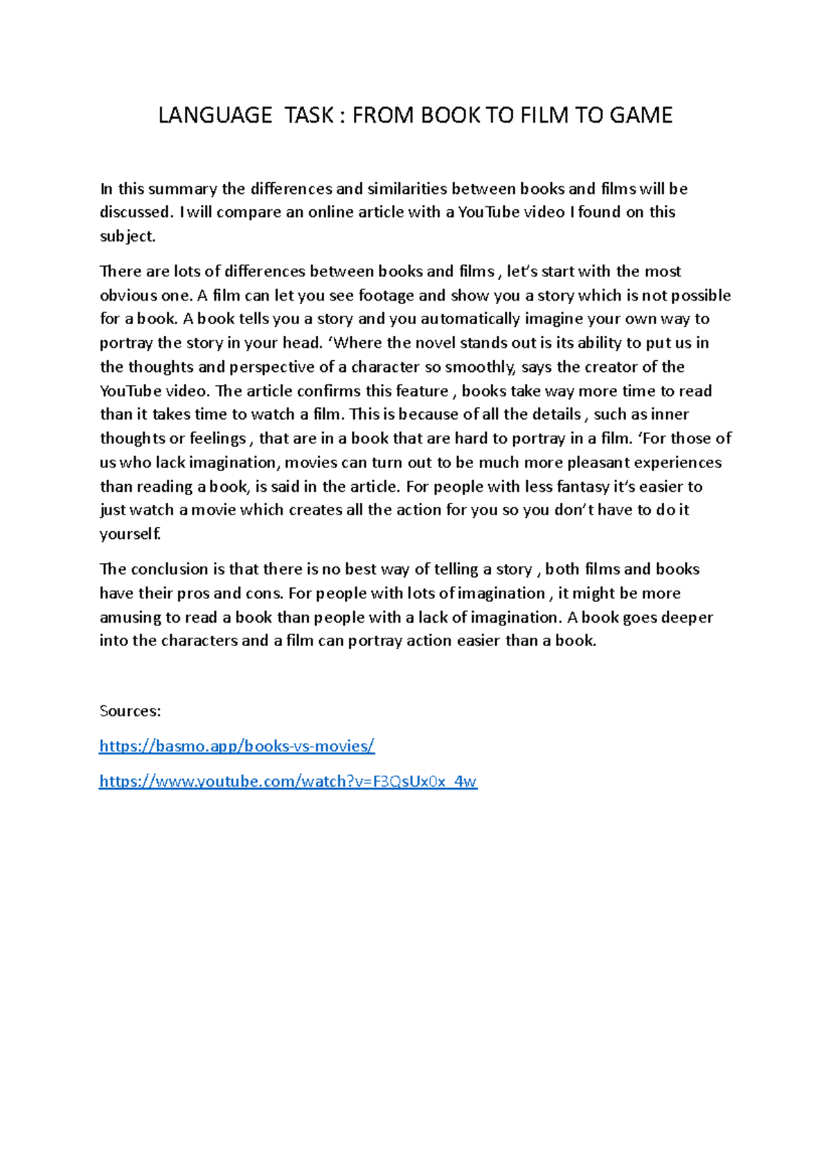 Languagetask - small language task - LANGUAGE TASK : FROM BOOK TO FILM ...