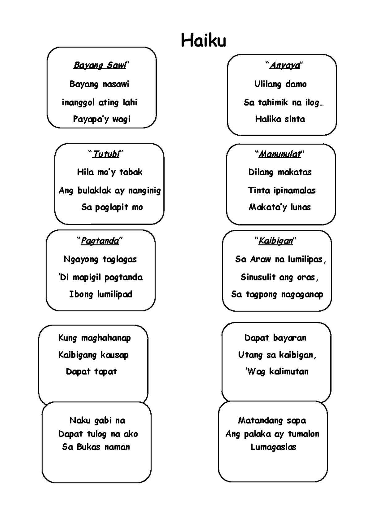 Haiku - Summary Education - Haiku “ Bayang Sawi” “ Anyaya” Bayang nasawi Ulilang damo inanggol ...