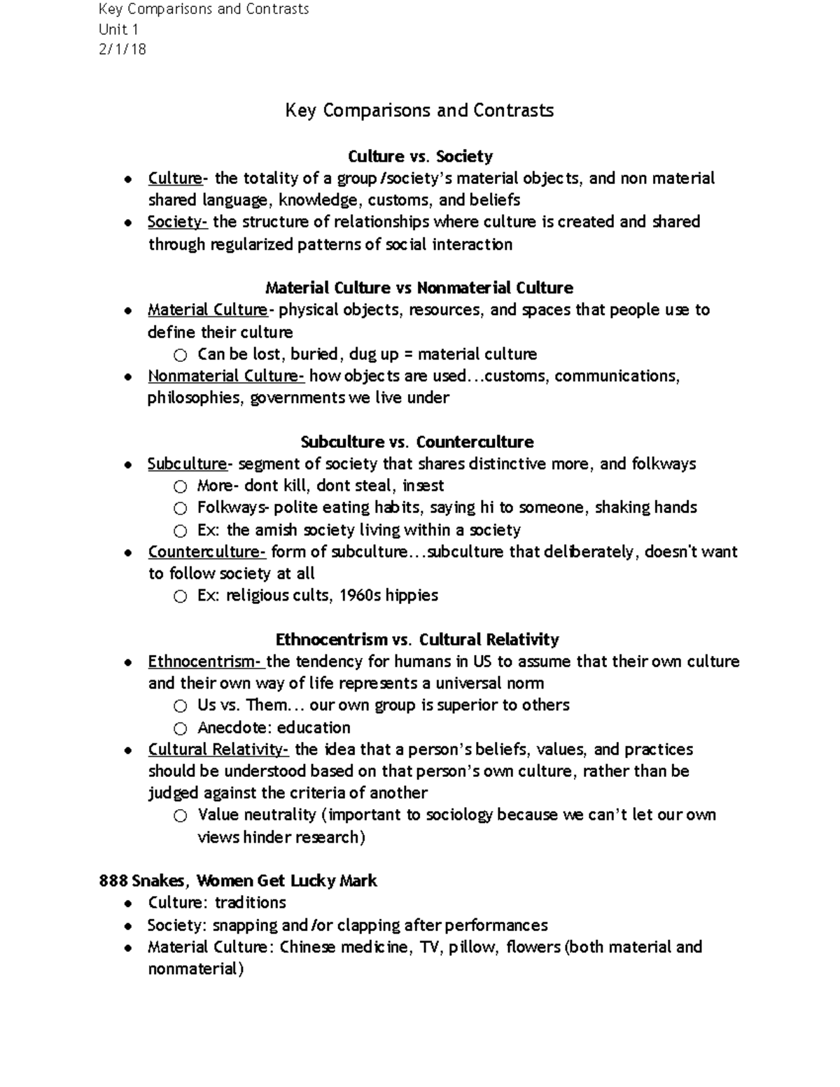 Key Comparisons & Contrasts - Key Comparisons and Contrasts Unit 1 2/1 ...
