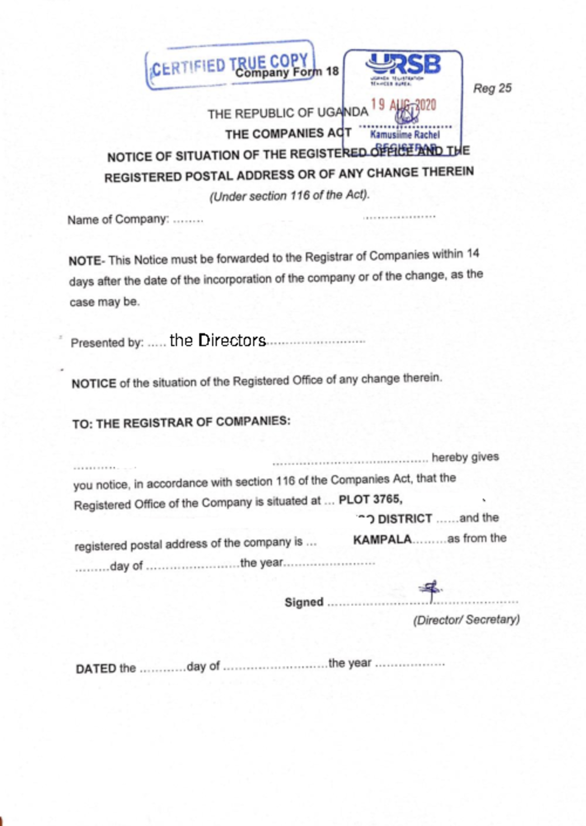 Notice of Situation of Registered Place of Business - CERTIFIED TRUE ...